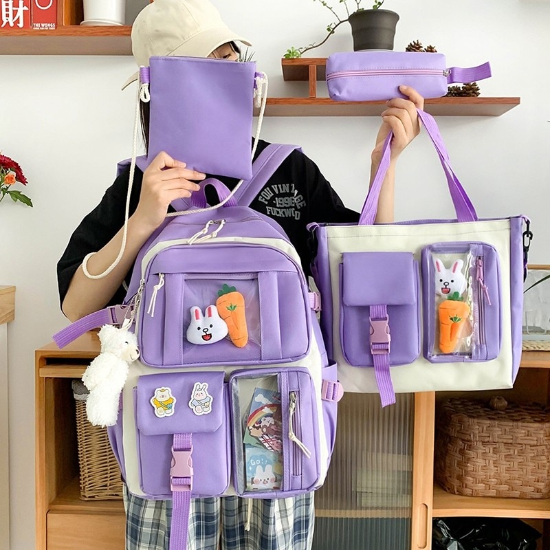 Kawaii Korea Style Canvas Zipper Backpack Set (4pcs)