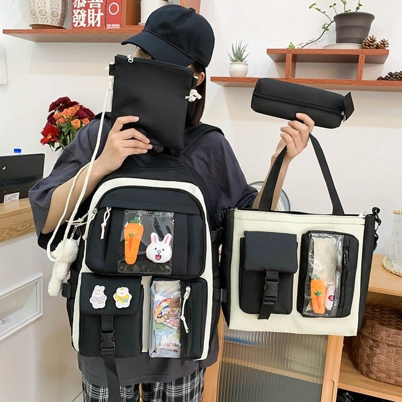 Kawaii Korea Style Canvas Zipper Backpack Set (4pcs)